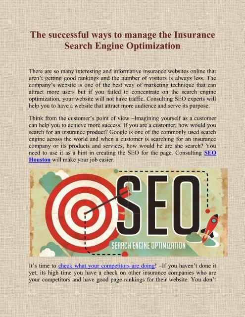 The successful ways to manage the Insurance Search Engine Optimization