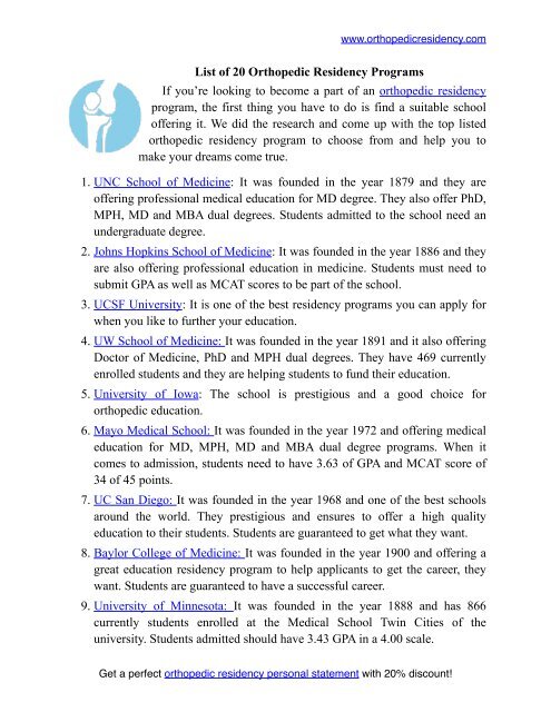 List of 20 Best Orthopedic Residency Programs