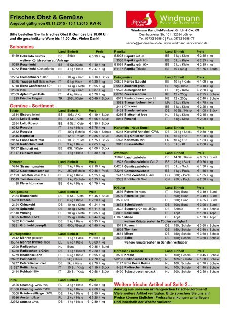 Wochenpreisliste Obst und Gemüse