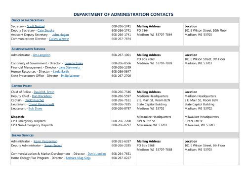 DEPARTMENT OF ADMINISTRATION CONTACTS