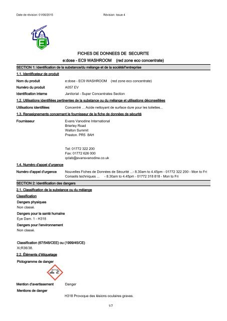 FICHES DE DONNEES DE SECURITE e:dose - EC9 WASHROOM (red zone eco ...
