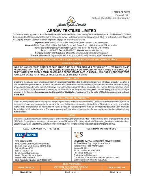 ARROW TEXTILES LIMITED - Securities and Exchange Board of India