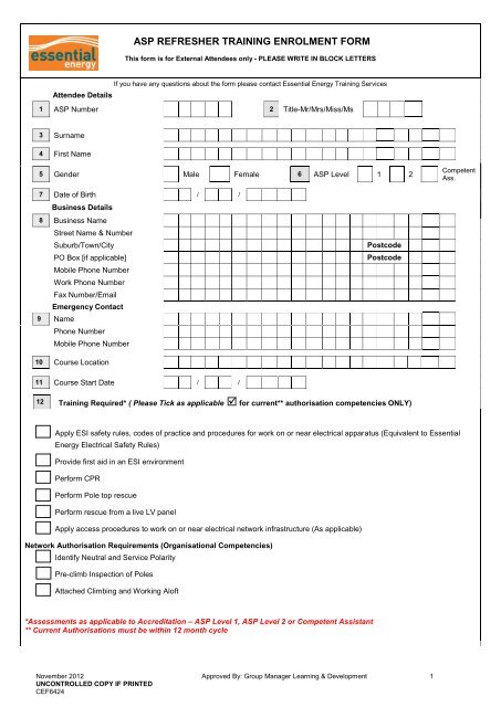 Asp Refresher Training Enrolment Form Essential Energy