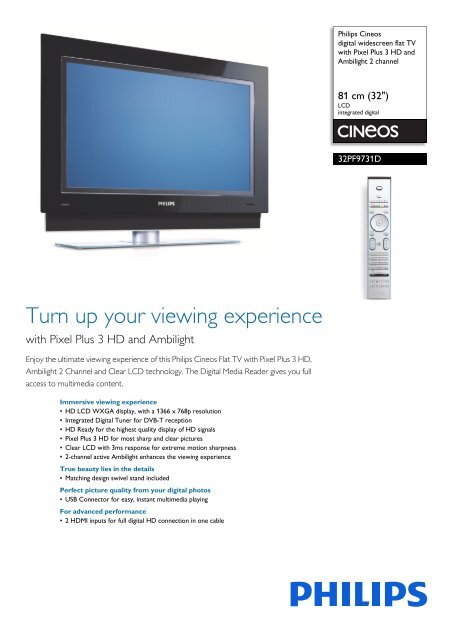 Philips Cineos flat TV digitale widescreen - Scheda tecnica - GLOBAL