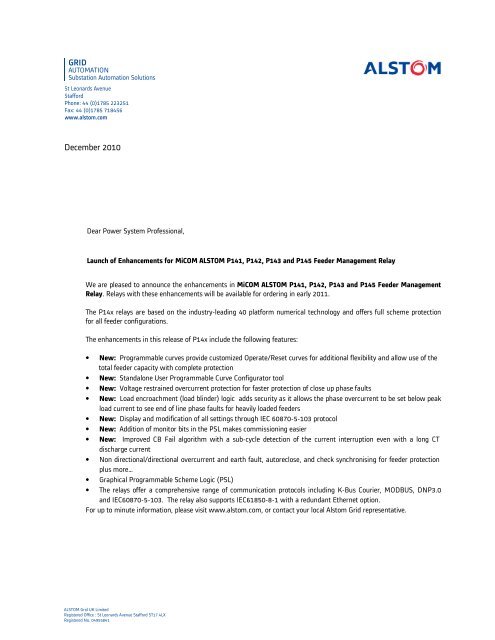 MiCOM Alstom P14x Launch Letter GB