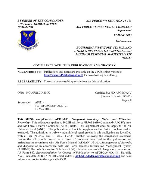 BY ORDER OF THE COMMANDER AIR FORCE ... - Air Force Link