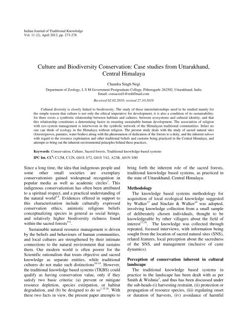 Culture and Biodiversity Conservation: Case studies from ...