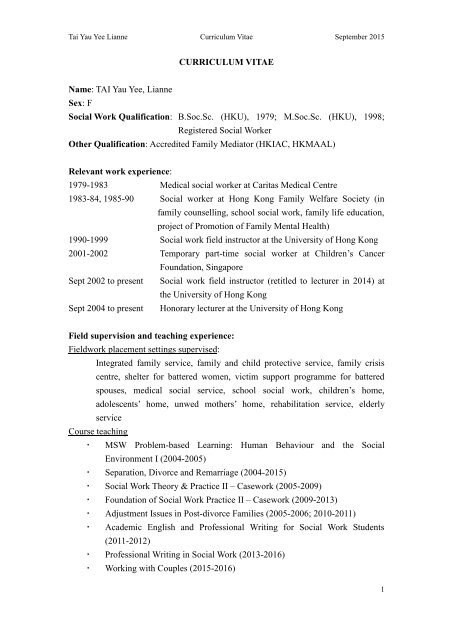 curriculum vitae - Department of Social Work and Social Administration