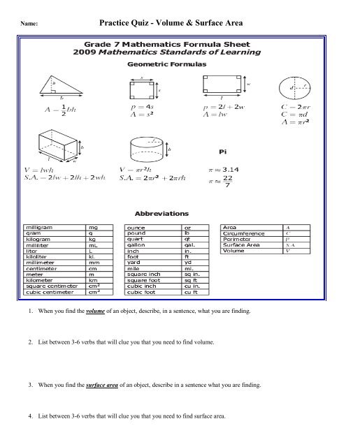 Practice Quiz - Volume & Surface Area