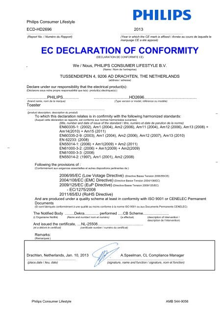 Philips Avance Collection Tostapane - Dichiarazione di conformità - AEN