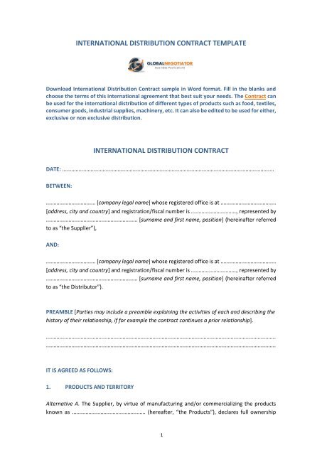 international distribution contract template - Global Negotiator