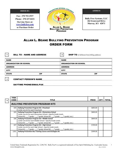 ALLAN L BEANE BULLYING PREVENTION PROGRAM ORDER FORM