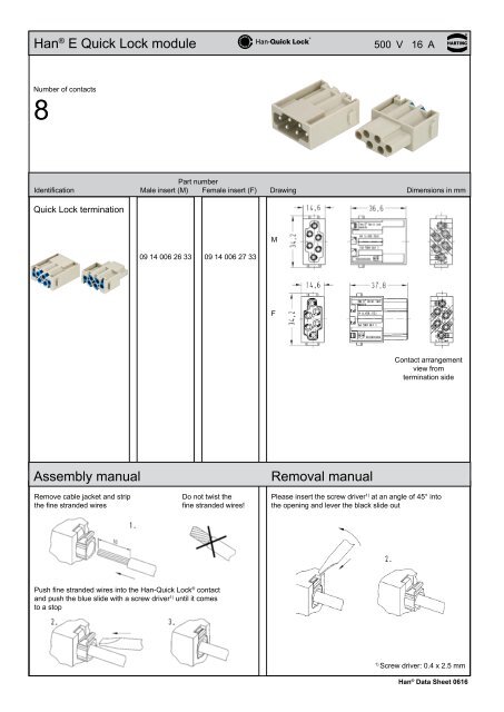 Han E Quick Lock module - Data Sheet 0616 - Harting