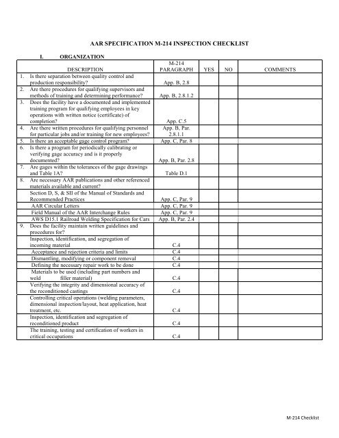 AAR SPECIFICATION M-214 INSPECTION CHECKLIST