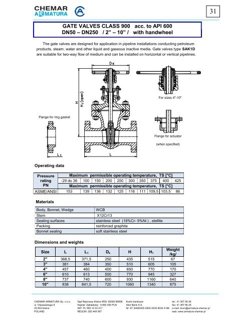 GATE VALVES CLASS 900 acc. to API 600 DN50 – DN250 / 2” – 10 ...