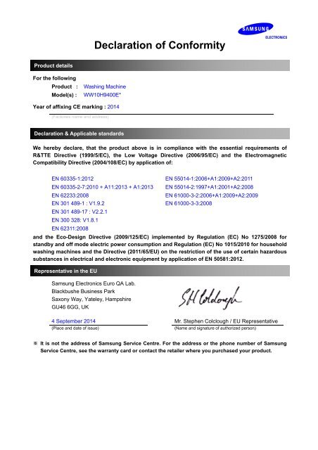 Samsung Lavatrice WW10H9400EW - DoC(Declaration of Conformity)_0.01MB ...