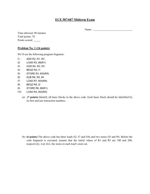 ECE 587/687 Midterm Exam Problem No 1 (16 points)