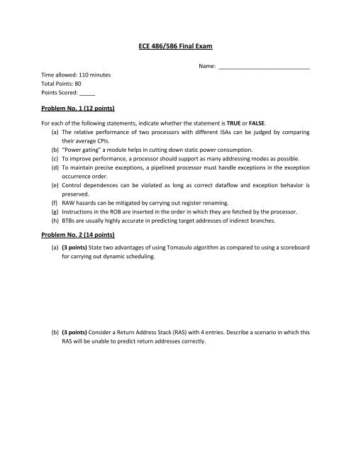 ECE 486/586 Final Exam Problem No 1 (12 points) Problem No 2 (14 points)
