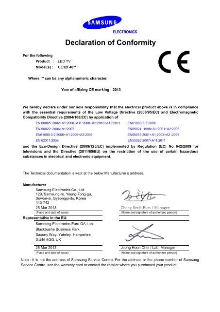 Samsung TV LED 32" UE32F4000AW - DoC(Declaration of Conformity)_0.01MB ...