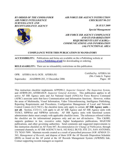 by order of the commander air force intelligence surveillance and ...