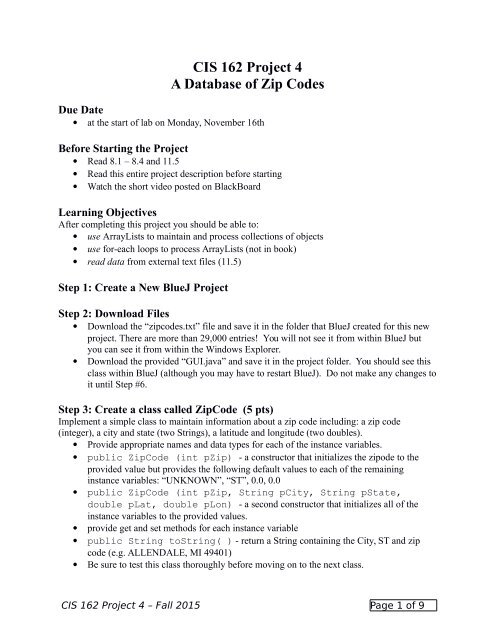 CIS 162 Project 4 A Database of Zip Codes