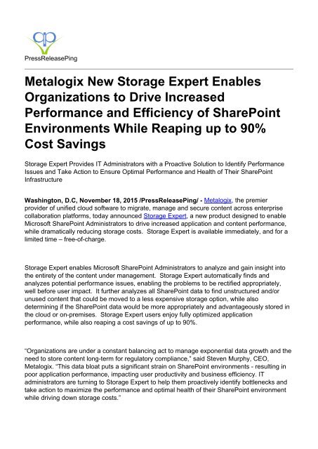 Metalogix New Storage Expert Enables Organizations to Drive Increased ...