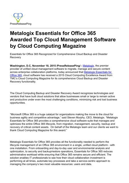 Metalogix Essentials for Office 365 Awarded Top Cloud Management ...