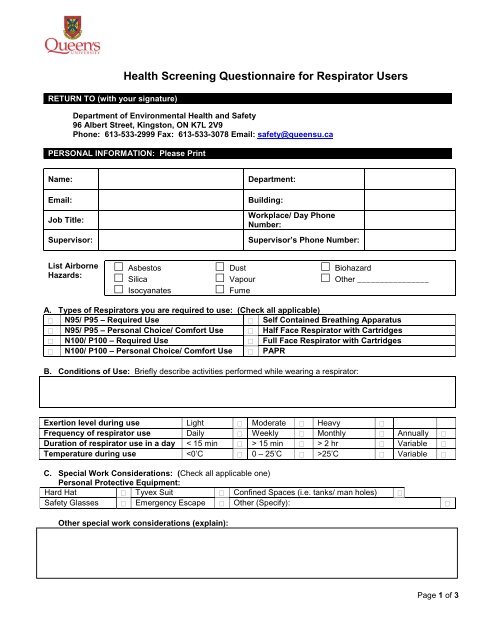 Respirator Screening Form - Environmental Health and Safety Respirator Screening Form - Environmental Health and Safety