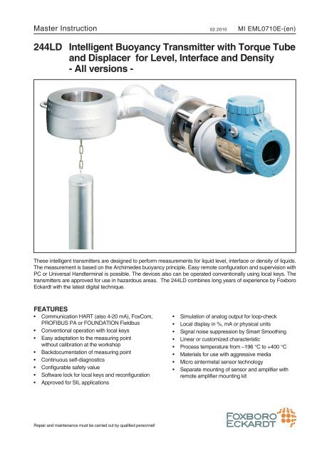 244LD Intelligent Buoyancy Transmitter with Torque Tube and ...