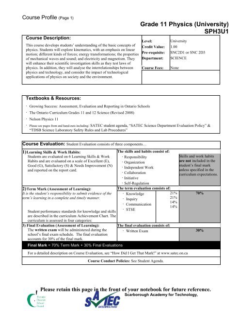 Grade 11 Physics (University) SPH3U1
