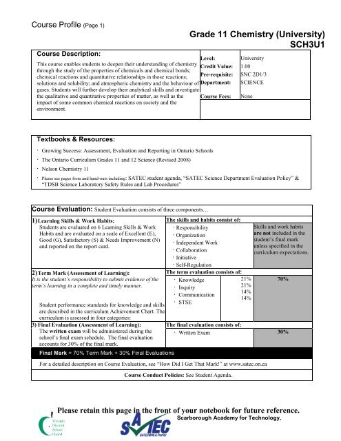 Grade 11 Chemistry (University) SCH3U1