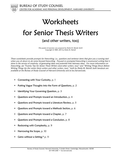 Worksheets for Senior Thesis Writers