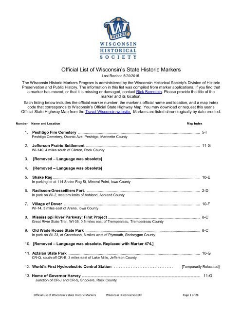 Official List of Wisconsin’s State Historic Markers