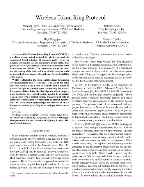 Wireless Token Ring Protocol - University of California, Berkeley