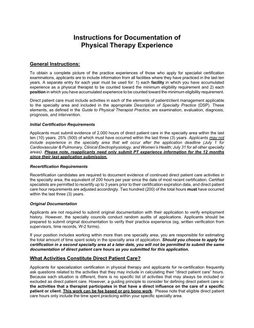 Instructions For Documentation Of Physical Therapy Experience