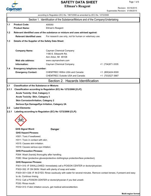 SAFETY DATA SHEET Ellman's Reagent Section 2 Hazards Identification