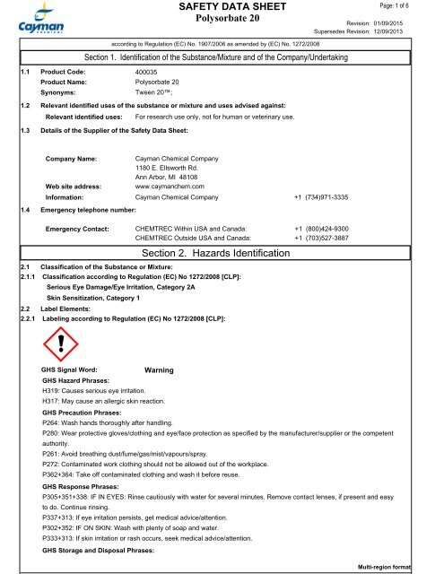 SAFETY DATA SHEET Polysorbate 20 Section 2 Hazards Identification