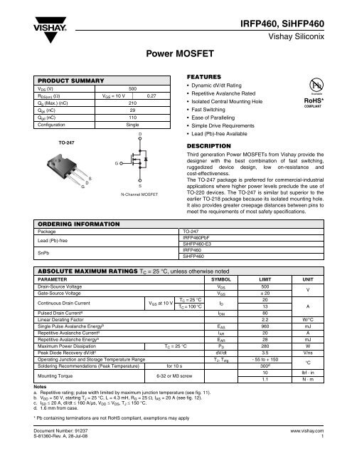 Power MOSFET IRFP460, SiHFP460 - Micropik
