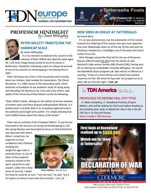 PETER WILLETT TRIBUTE/ON THE HANDICAP SCALE NEW SIRES IN VOGUE AT ...