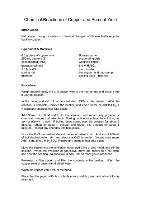 Chemical Reactions of Copper and Percent Yield