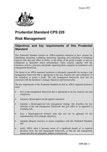 Prudential Standard CPS 220 Risk Management