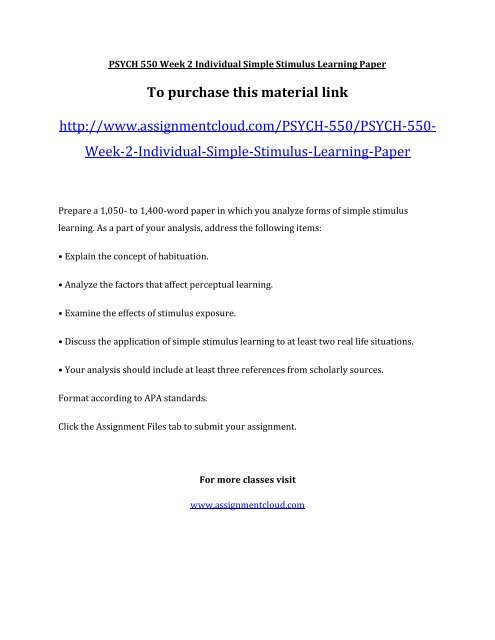 new PSYCH 550 Week 2 Individual Simple Stimulus Learning Paper