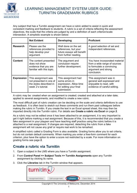 TURNITIN GRADEMARK RUBRICS Create a rubric via Turnitin