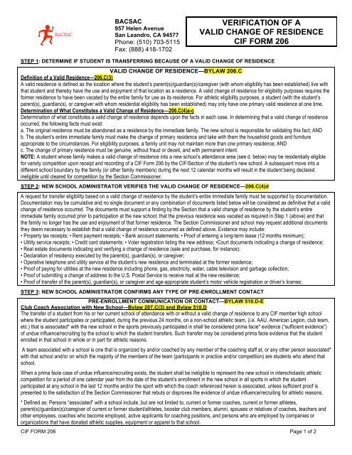 VERIFICATION OF A VALID CHANGE OF RESIDENCE CIF FORM 206