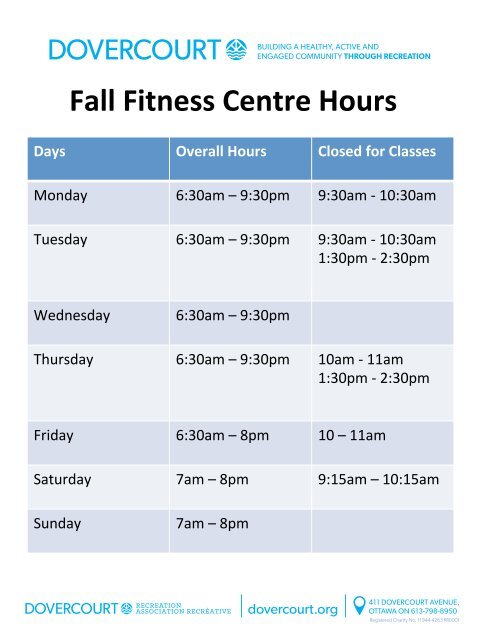 Dovercourt Fall 2015 Fitness Centre schedule