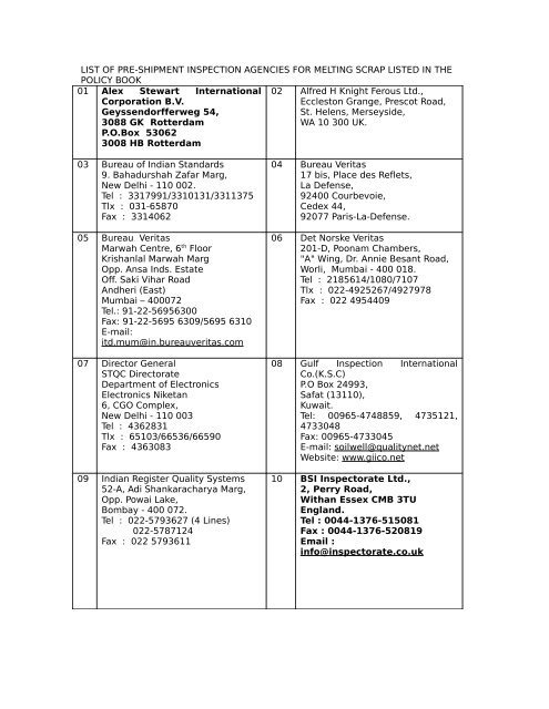 list of pre-shipment inspection agencies for melting scrap list