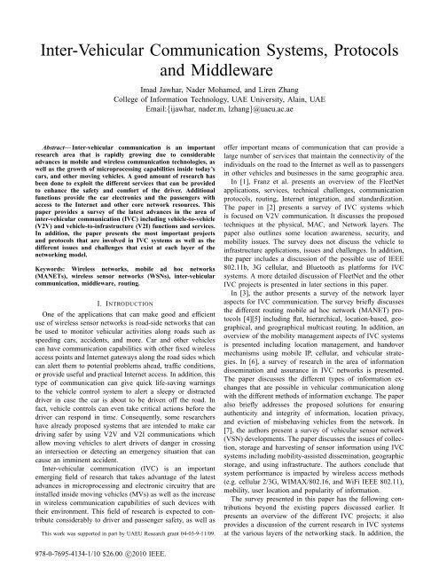 Inter-Vehicular Communication Systems, Protocols and Middleware