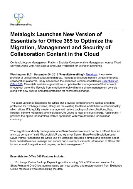 Metalogix Launches New Version of Essentials for Office 365 to Optimize ...