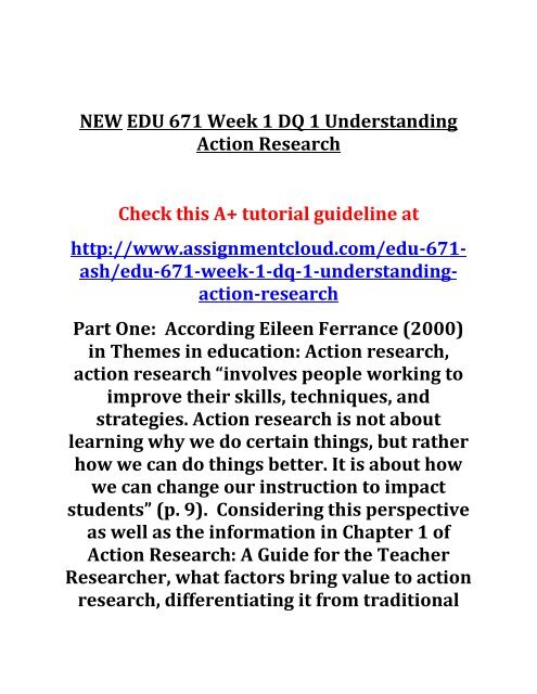 NEW EDU 671 Week 1 DQ 1 Understanding Action Research