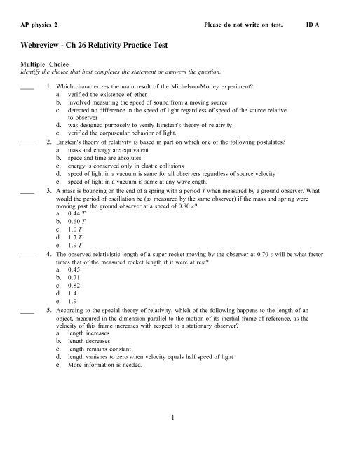 Webreview - Ch 26 Relativity Practice Test